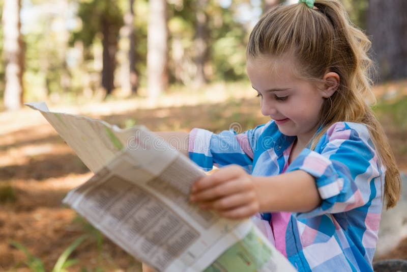Girl Reading the Map in the Forest Stock Image - Image of innocence ...