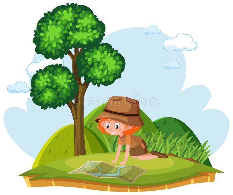 A Girl Reading a Map in the Garden Stock Vector - Illustration of read ...