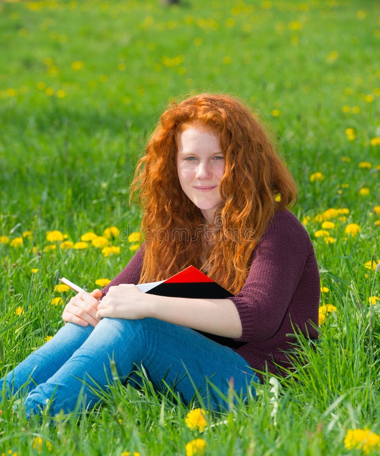 Girl is Reading in Spring Meadow Stock Image - Image of book, natural ...