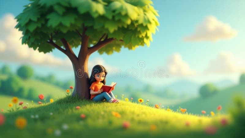 Girl Reading Under a Tree in a Sunny Meadow Stock Illustration ...