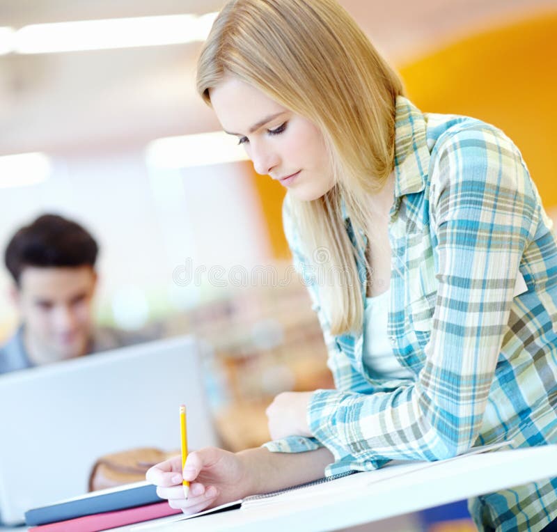 Girl, Reading and Writing in Notebook or Classroom for Study Group ...