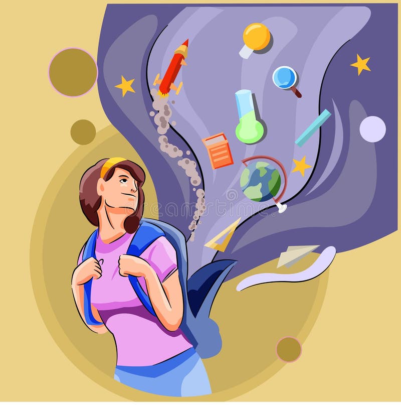 Girl Ready for Back To School Theme Illustration Wearing Backpack Stock ...