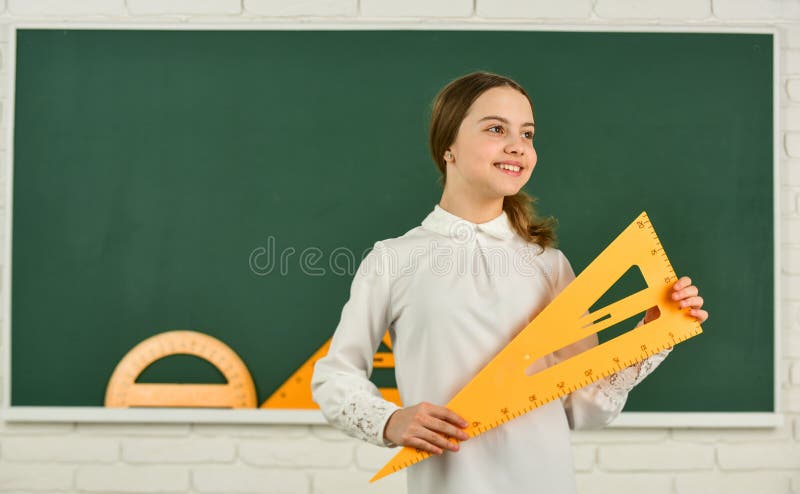 Girl Ready To Study. Student Girl at School. Study Math with Triangle ...