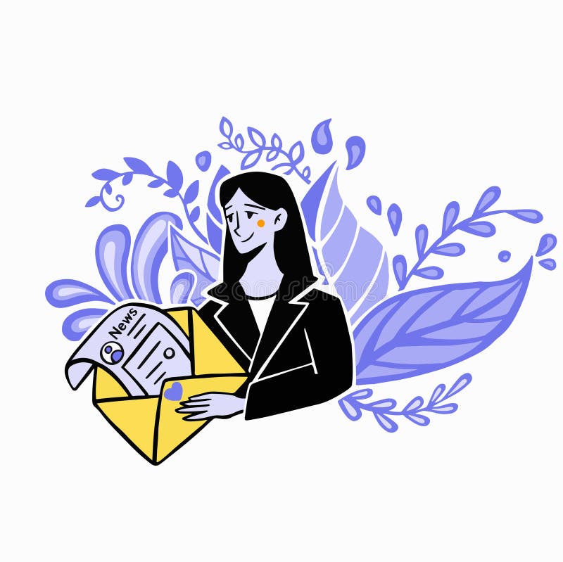Girl Received a Letter and Blossoms Color Flat Style Vector Stock ...