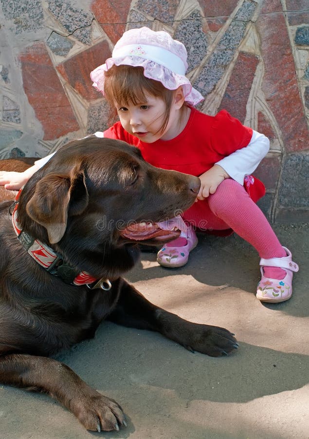 Girl in Red and Brown Labrador Stock Image - Image of enjoyment ...