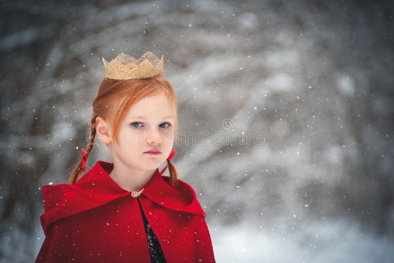 Girl in a Red Coat with a Gold Crown Stock Photo - Image of fantasy ...