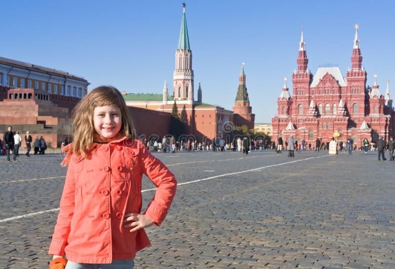 Girl in Red Coat on Red Square in Moscow Stock Image - Image of cloak ...