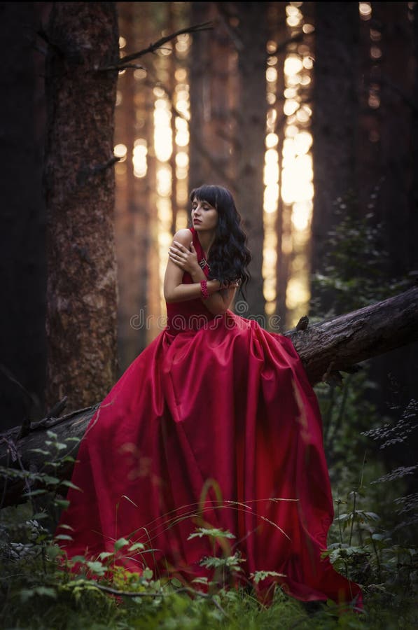 Girl in the Red Dress in the Forest Stock Photo - Image of attractive ...