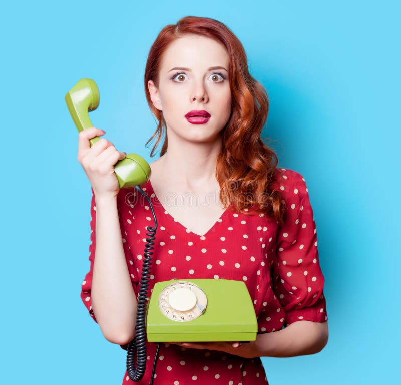 Girl In Red Dress With Green Dial Phone Stock Image Image Of 70th