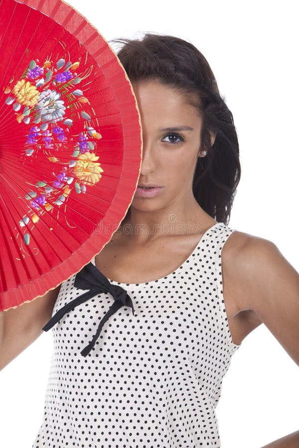 Girl with a red fan stock image. Image of young, black - 16170845