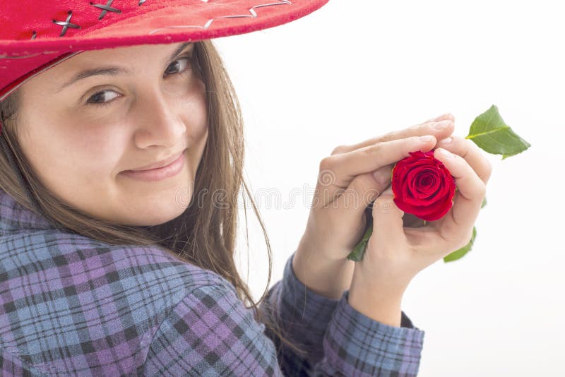 Girl with Red Hat Holding a Red Rose Isolated on White Stock Image ...