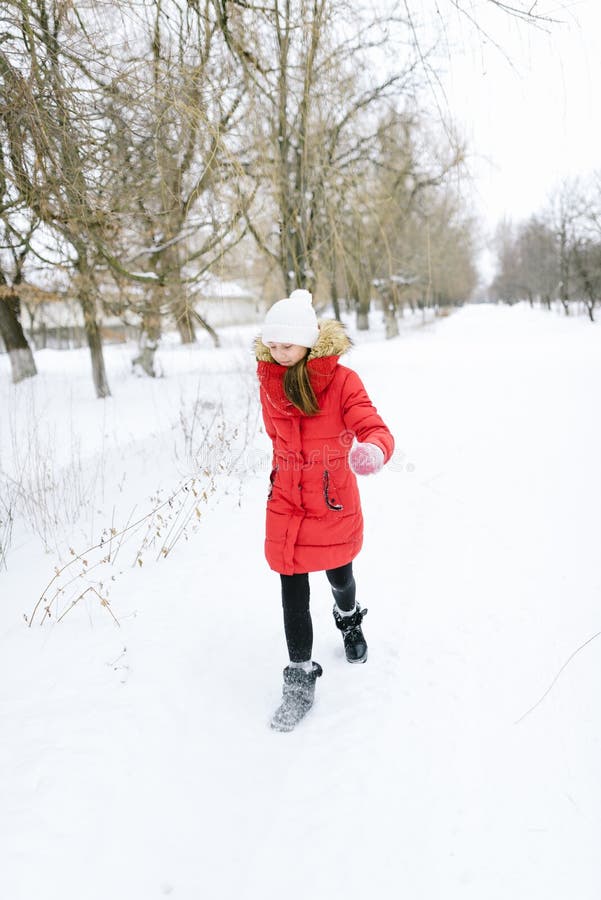 Girl in a Red Jacket in Winter Stock Image - Image of beautiful ...