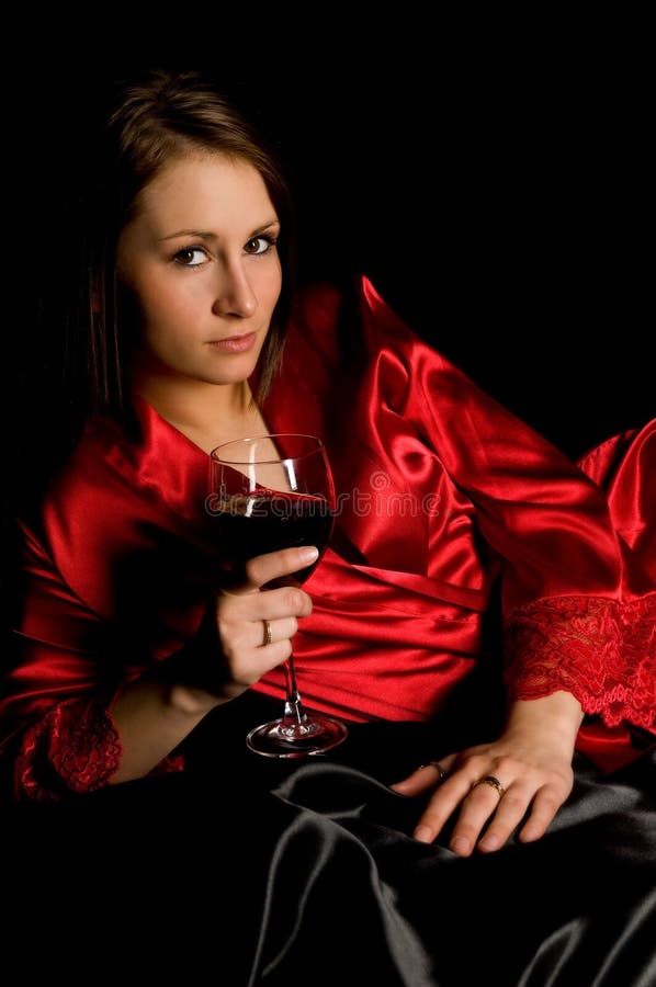 Girl Red Robe Black Satin with Wine Stock Photo - Image of pretty ...
