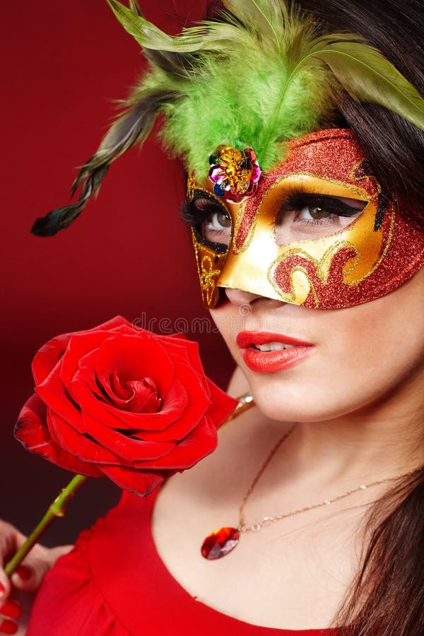 Girl with Red Rose and Mask. Stock Image - Image of motion, fashion ...