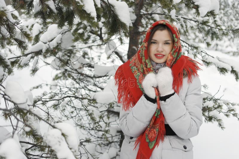 A girl in a red shawl stock image. Image of russia, white - 63408377