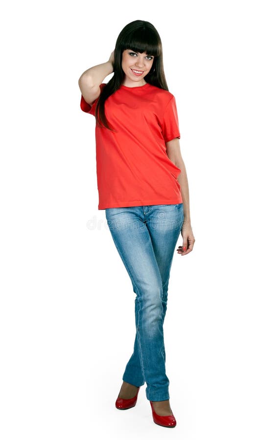 Girl in Red Shoes and Blue Jeans in the Studio Stock Photo - Image of ...