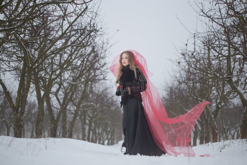 Girl in a Red Veil on the Snow in the Winter Stock Image - Image of ...