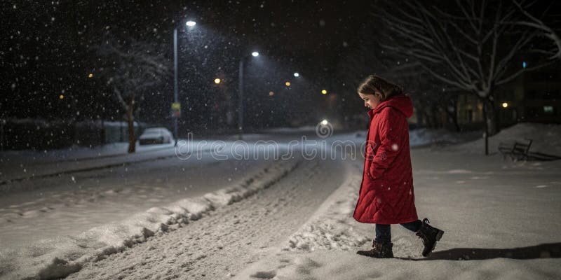 The Girl in Red is Walking Alone on a Cold Snowy Night Stock ...