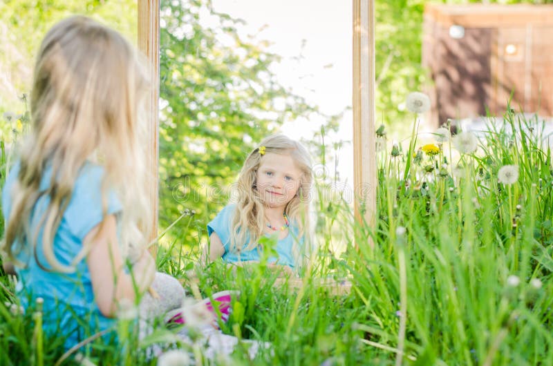 Girl reflection in mirror stock photo. Image of spring - 93060250