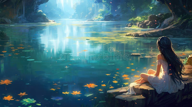 A Girl is Relaxing on a Paradise Place, River Flows Next To Her Stock ...