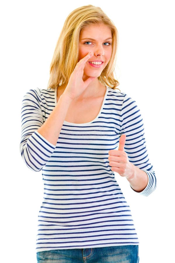 Girl Reporting Good News and Showing Thumbs Up Stock Image - Image of ...