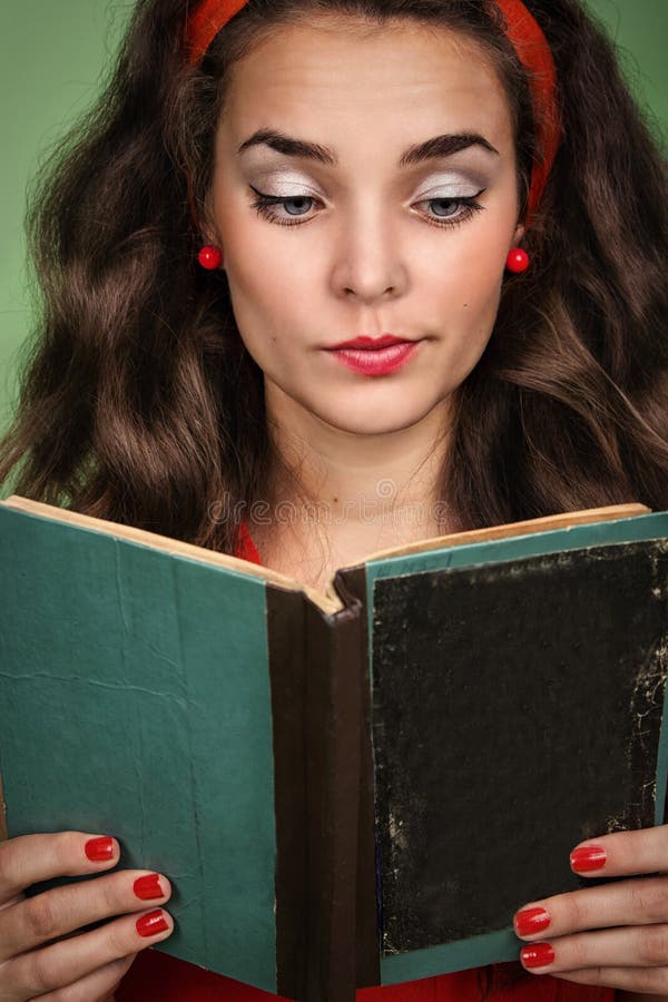 Girl in Retro Style with Emotions Reading a Book Stock Image - Image of ...