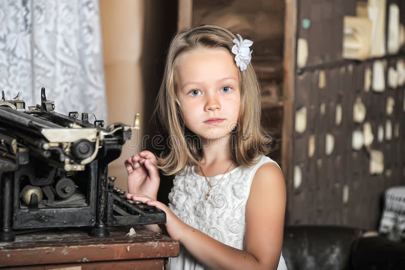 Girl with a Retro Typewriter Stock Image - Image of literate ...
