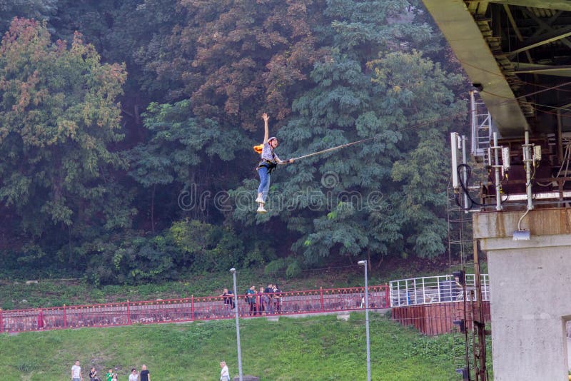 Girl Riding Bungee Jumping Over the Dnieper Editorial Photo - Image of ...