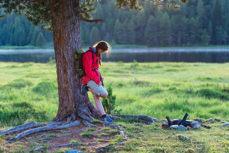 Girl on the Road As Pilgrims Resting Against a Tree Stock Image - Image ...