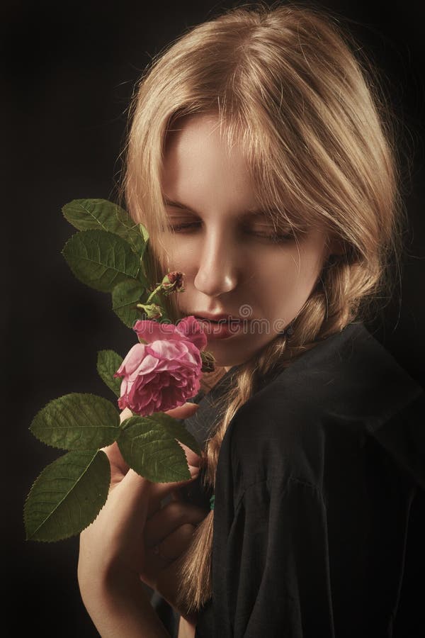 Girl with Rose in the Forest Stock Photo - Image of gown, leaves: 14703062