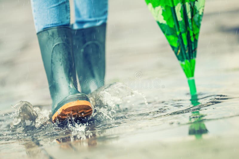 Girl in Rubber Boots Outdoors in Rainy Day Stock Image - Image of ...