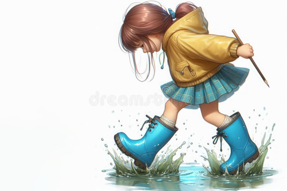 A Girl in Rubber Boots Walks through a Puddle. Space for Text. Stock ...