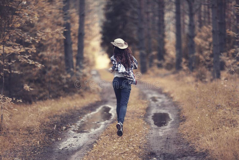 Girl running in forest stock image. Image of outdoors - 64112417