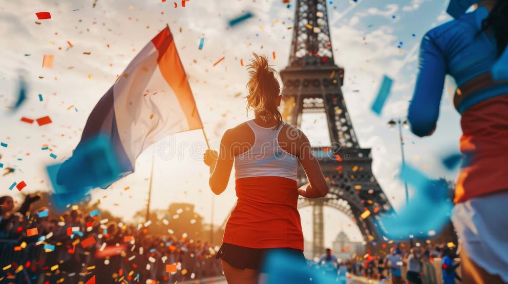 Girl Running in the Paris Marathon. Generative AI. Stock Illustration ...