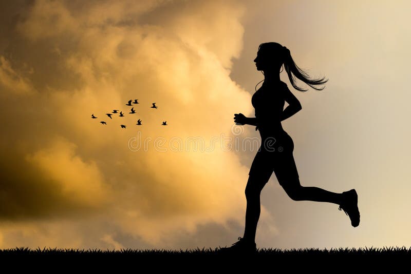 Girl Running Silhouette at Sunset Stock Illustration - Illustration of ...