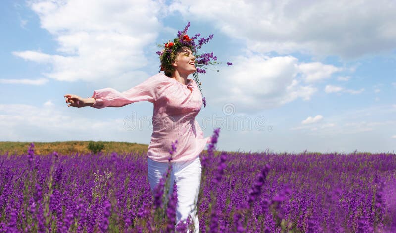 Girl Running in Violet Flowers Stock Image - Image of countryside ...