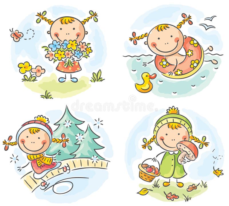 The Four Seasons in Cartoon Hand Drawn Pictures Stock Vector ...