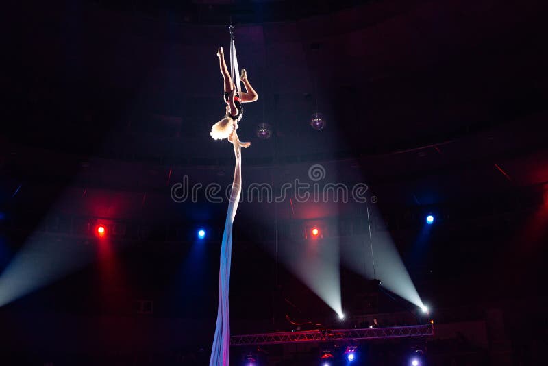 Girl`s Aerial Acrobatics in the Circus Ring. Stock Photo - Image of ...