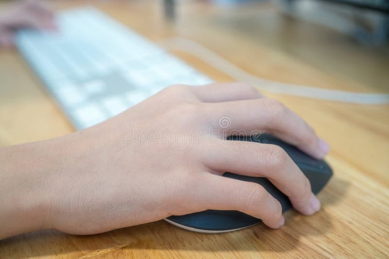 Girl`s Hand with Computer Mouse and Keyboard Stock Image - Image of ...