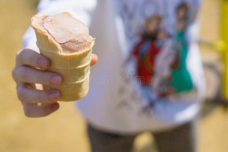 Girl S Hand Out with Ice Cream in Waffle Cup Stock Photo - Image of ...