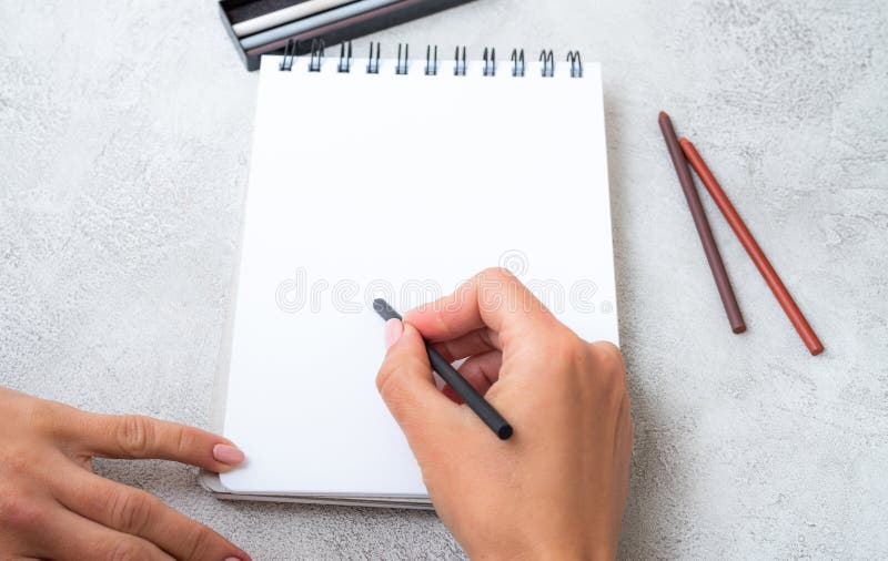 Girl`s Hands Drawing in Notebook Stock Image - Image of holding, copy ...
