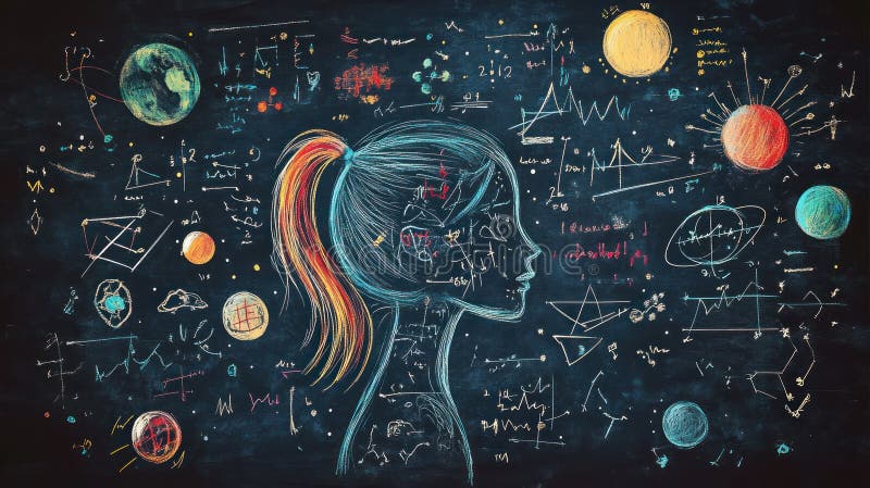 Girl S Profile with Science and Space Elements Drawn on a Chalkboard ...