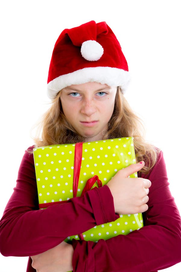 Girl with Santa- Cap is Not Happy with Present Stock Photo - Image of ...