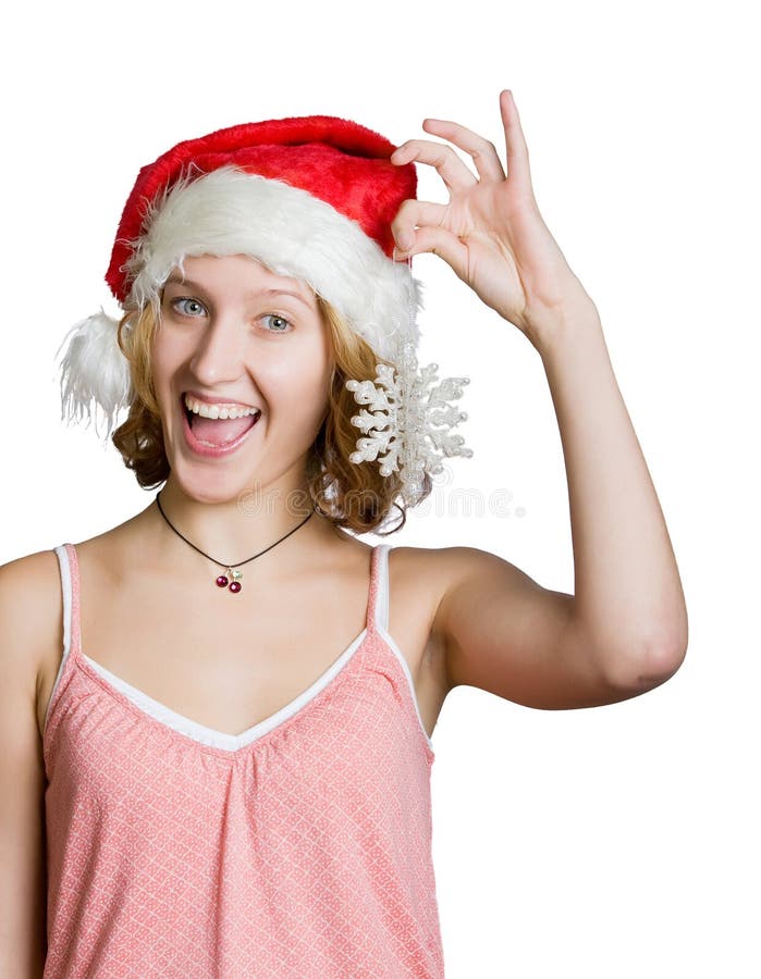 Girl in a Santa Clause Cap with Snowflake Stock Image - Image of ...
