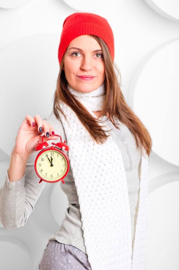Girl in Scarf and Hat Shows the Time Stock Image - Image of countdown ...