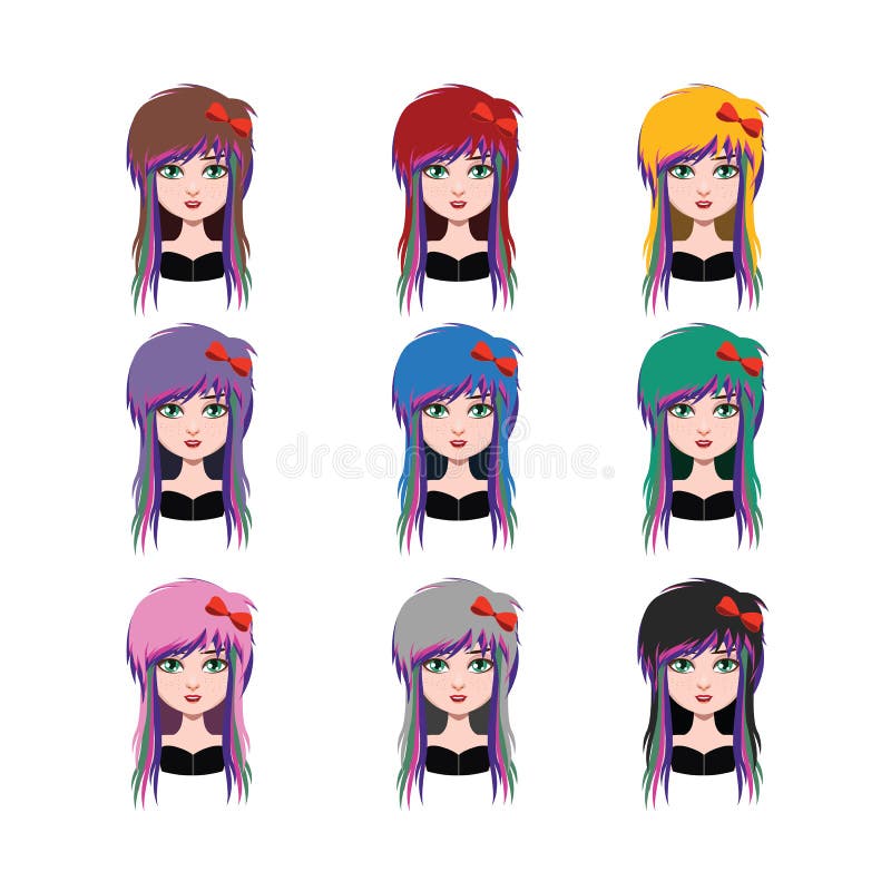 Girl with Scene Style - 9 Different Hair Colors Stock Vector ...