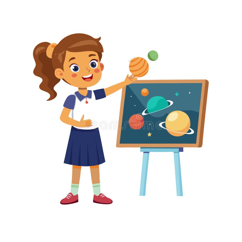 Girl in School Uniform Explains the Solar System with Planet ...