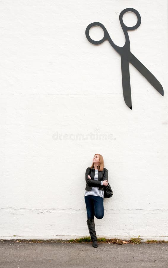 Girl and scissors wall stock photo. Image of beautiful - 16716844