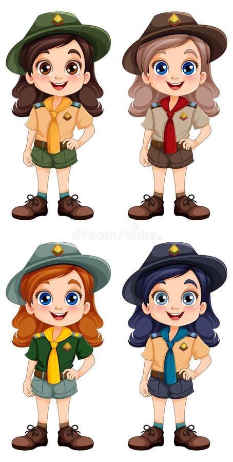 Set of Girl in Scout Uniform Cartoon Character Stock Vector ...
