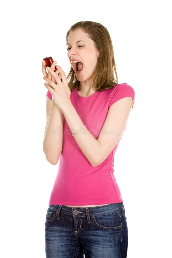 Girl Screaming in the Phone. Isolated on White Stock Image - Image of ...